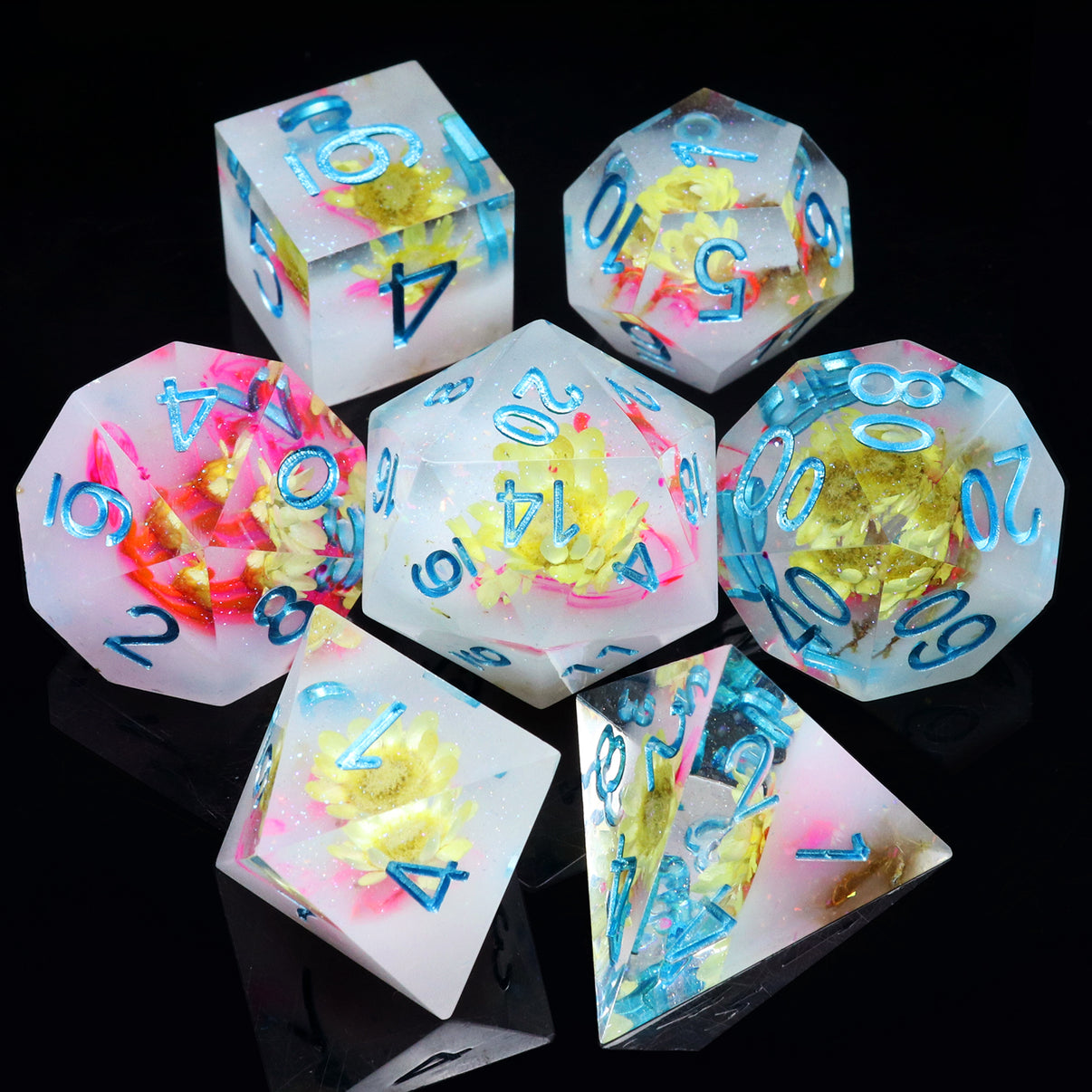 Haxtec Sharp Edge DND Dice Yellow Flower Resin Dice Set with Dice Case ...
