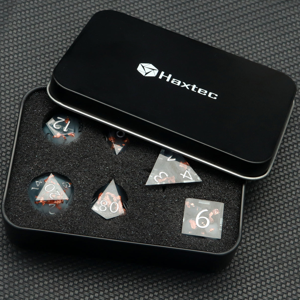 Haxtec Sharp Edge Dice Set Black White Swirls Rosegold Resin DND Dice ...