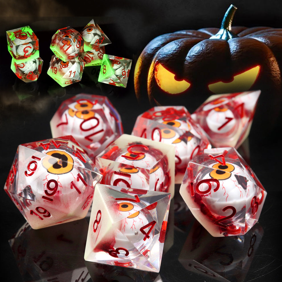 Haxtec Eyeball Sharp Edge Dice Set Liquid Core Halloween D&D Dice Glow ...