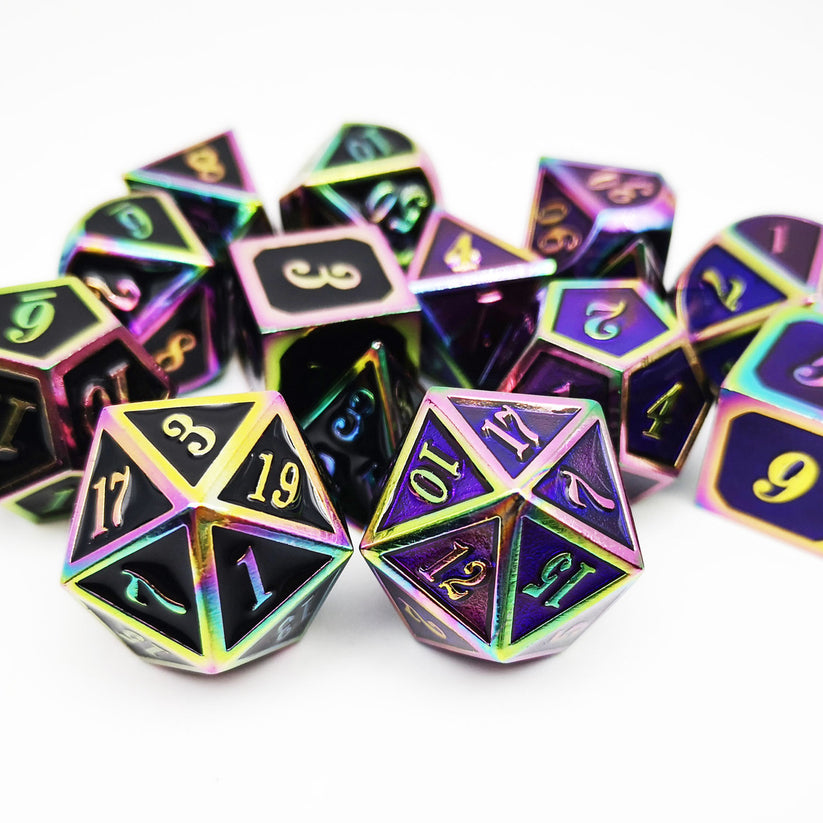 Rainbow black metal dice set for dnd pathfinder games leather dice bag ...