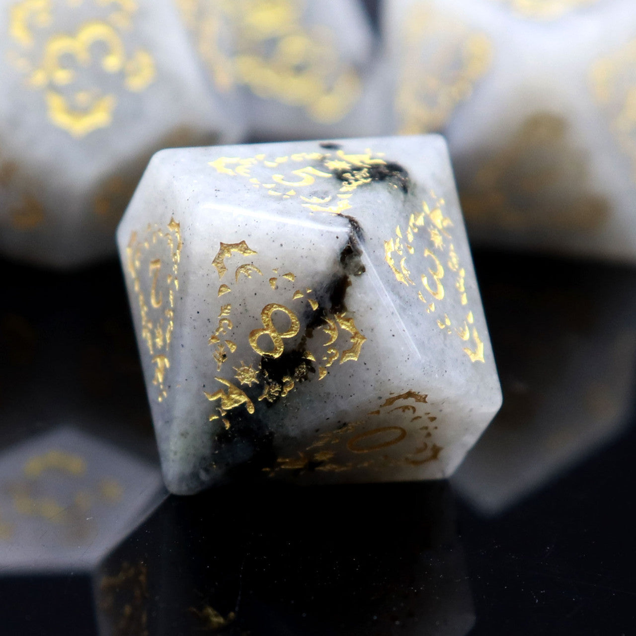 Haxtec White Moonstone Gemstone DND Dice Set with Halloween Elements P ...