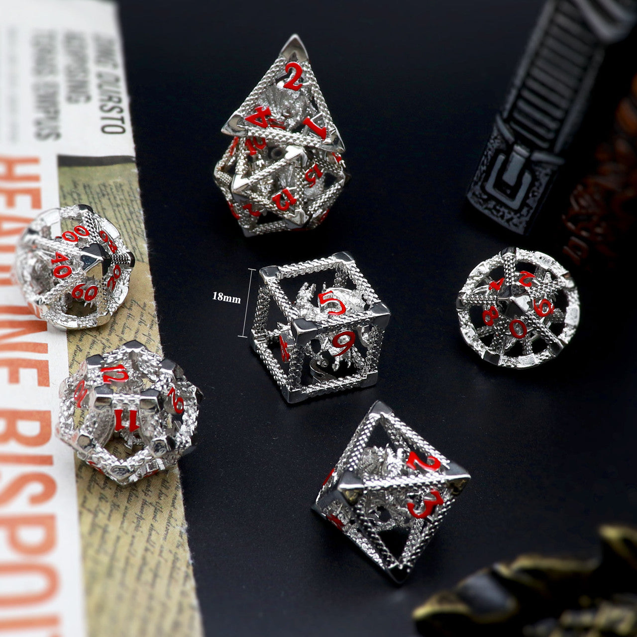 Haxtec Hollow Metal DND Dice Set Flying Dragon Metal Dice With Leather Dice Bag-Silver Red ...