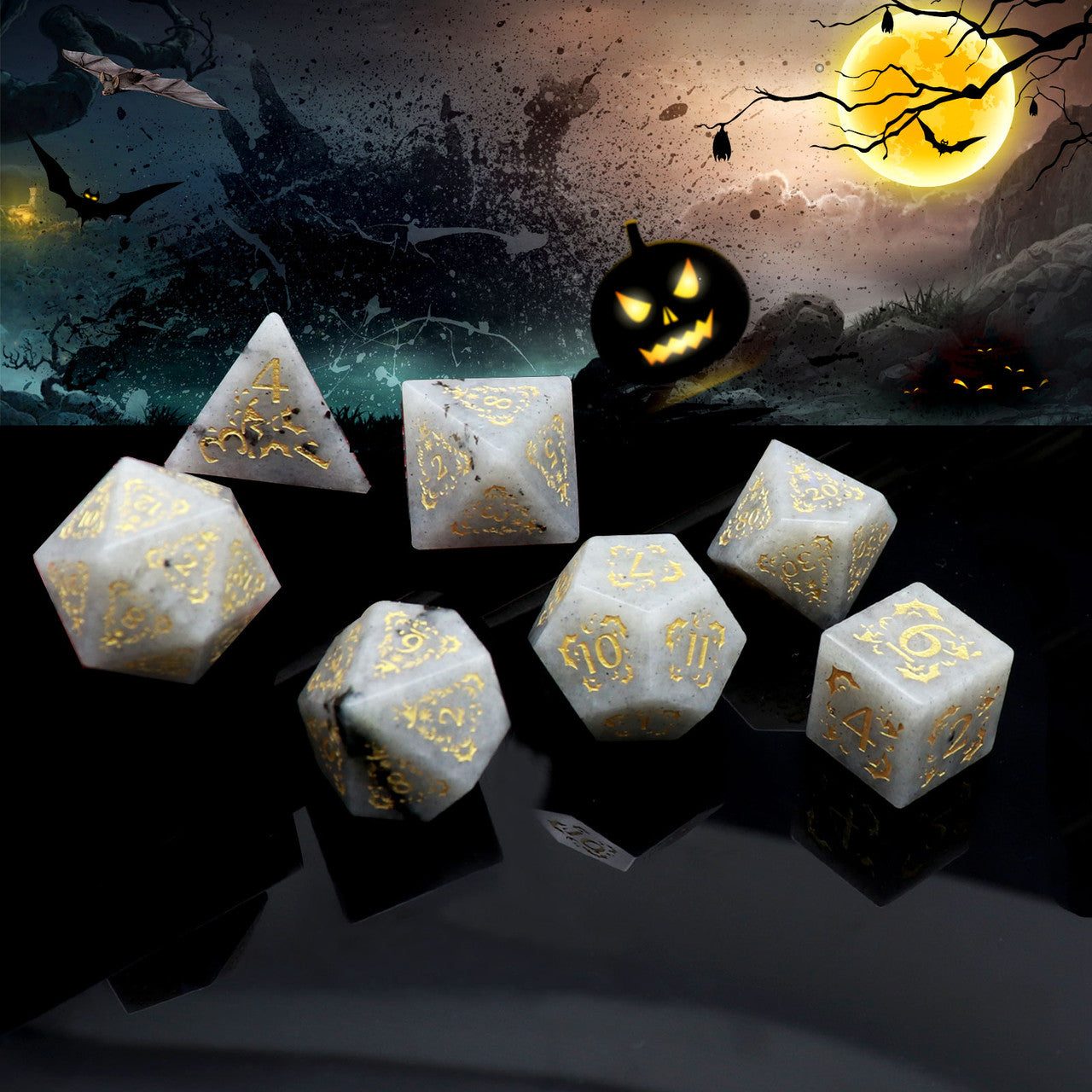 Haxtec White Moonstone Gemstone DND Dice Set with Halloween Elements P ...