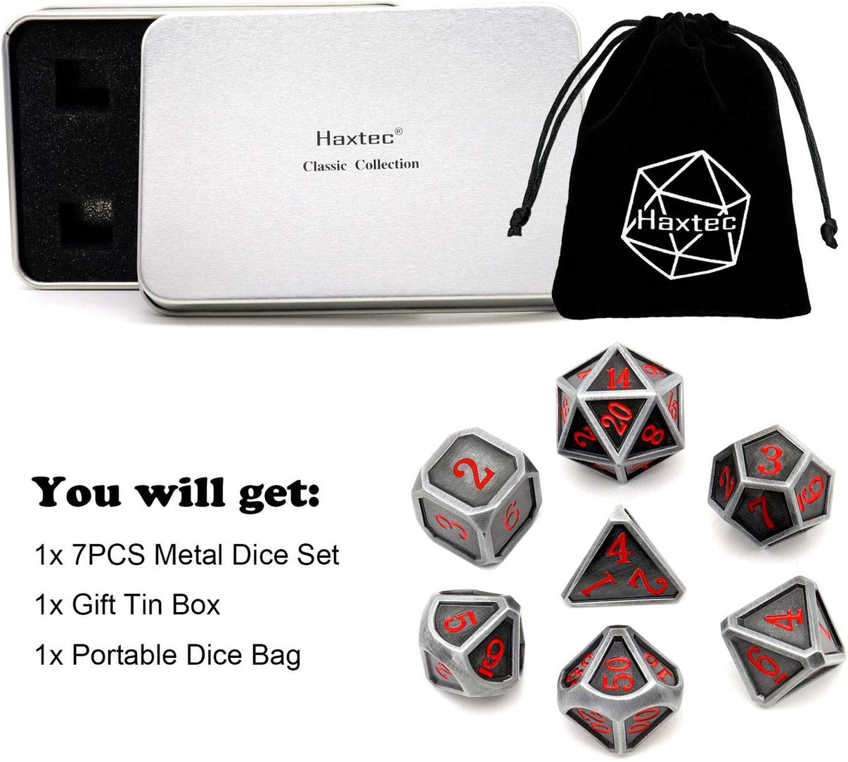 Ancient Metal DND Dice Set Red Numbers-Haxtec Dice